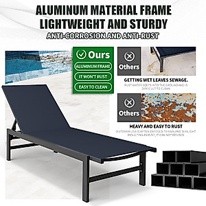 WOAJUQO Aluminum Chaise Lounge Chair Outdoor Set of 2,Pool Lounge Chair with Adjustable 5-Position Recliner,Full Flat Tanning Chair,Rust-Resistant Patio Lounge Chair for Pool, Beach,Garden,Navy Blue