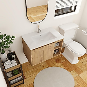 San Merah 30" Wall-Mounted Bathroom Vanity with Sink - Floating Single Door Cabinet & Right Shelf, Space-Saving Modern Design for Small Bathrooms, Ceramic Basin Combo