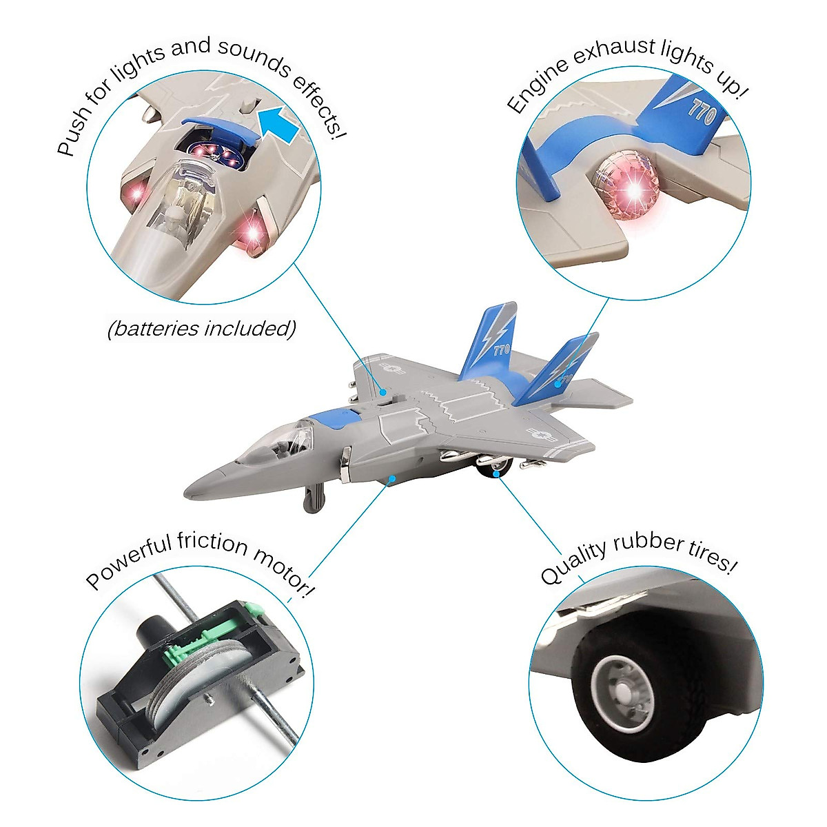 Vokodo Army Air Force Fighter Jet F-22 Toy Military Airplane Friction Powered 1:16 Scale with Fun Lights and Sounds Pretend Play Quality Kids Action Bomber Aircraft Great Gift for Children Boys Girls