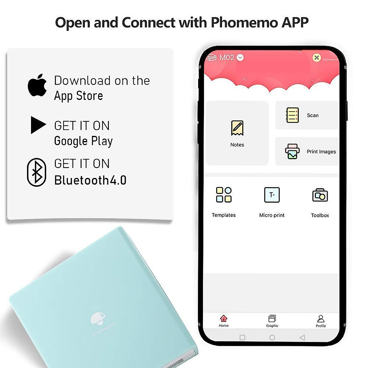 Phomemo M02 Pocket Printer- Mini Bluetooth Thermal Printer with 3 Rolls White Sticker Paper, Compatible with iOS + Android for Learning Assistance, Study Notes, Journal, Fun, Work