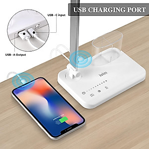 iVict Dual Swing Arm LED Desk Lamps, 5 Light Modes x 10 Brightness Levels Desk Light with USB Charging Port, 45 Minutes Auto Timer Table Lamp, Desk Lamp for Home Office, Bedroom, Reading/Study