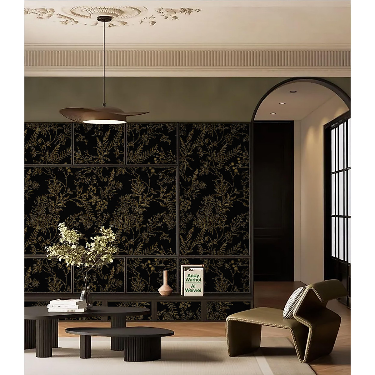 EeeComing Peel and Stick Wallpaper Black and Gold Floral Wallpaper Gold Floral Contact Paper Removable Self Adhesive Wallpaper for Wall Cabinets Vinyl Roll 78.7"x17.3"