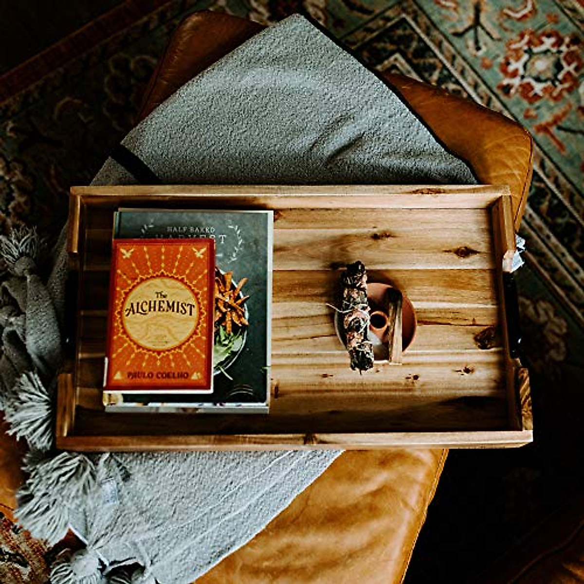 Villa Acacia Large Wood Serving Tray 24 Inch with Handles, Solid Wood, Light Finish