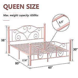VECELO Queen Size Bed Frame with Headboard and Footboard, Heavy Duty Metal Slat Support, Platform Mattress Foundation, No Box Spring Needed, Easy Assembly, Pink