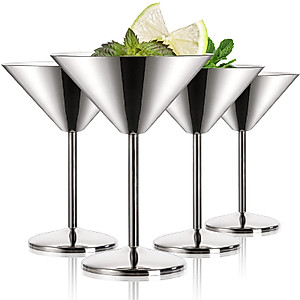 Peohud 4 Pack Stainless Steel Martini Glasses, 8 Oz Unbreakable Cocktail Glasses for Margarita, Manhattan, Champagne, Bar, Party, 18/8 Mirror Polished Finish, Shatterproof