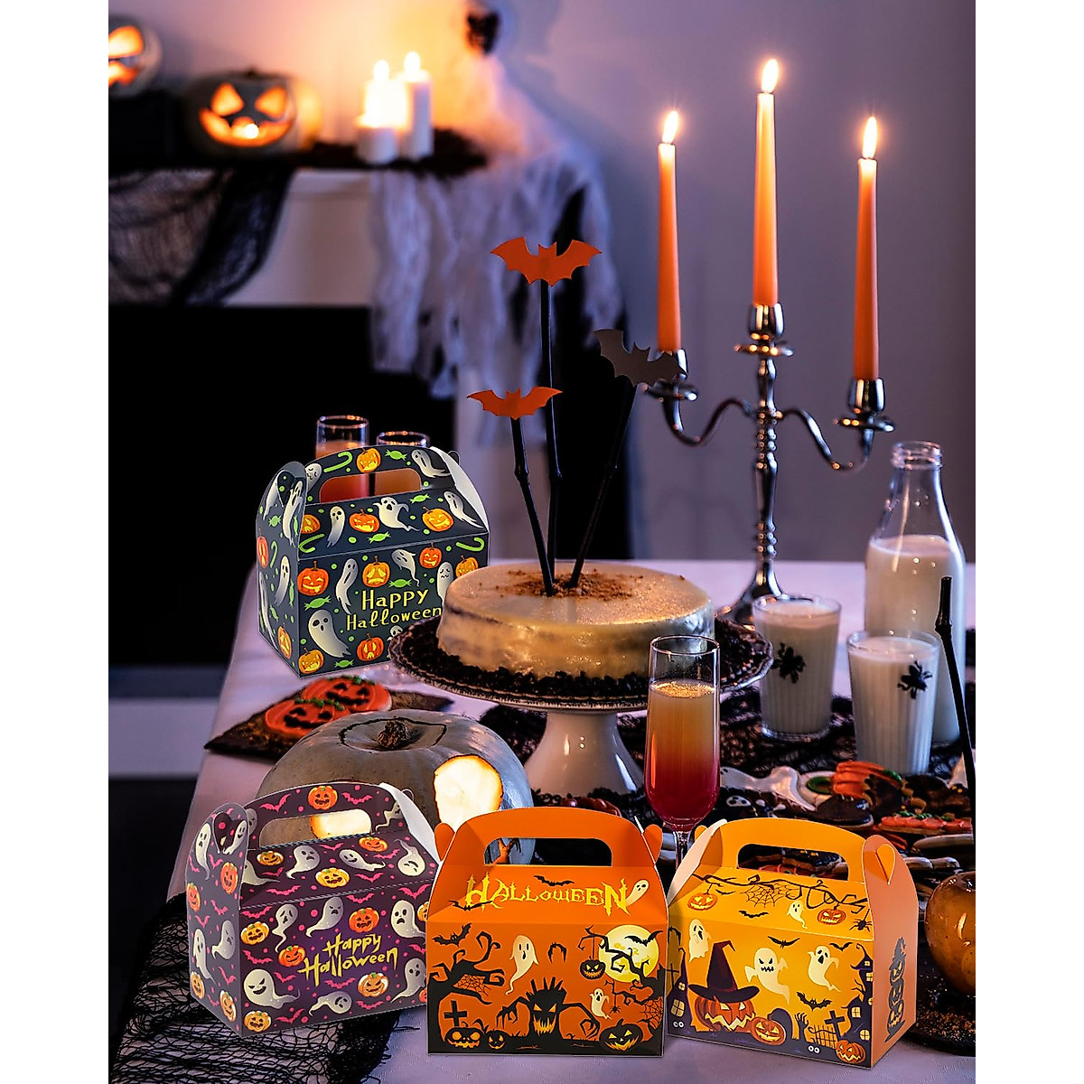 Liobelon 24 Pieces Halloween Treat Boxes Trick or Treat Bags Halloween Goodie Bags Halloween Cookies Goodie Boxes With Handles Ghost Gift Boxes Halloween Party Supplies for Sweets, Toys, Pastry, Gifts