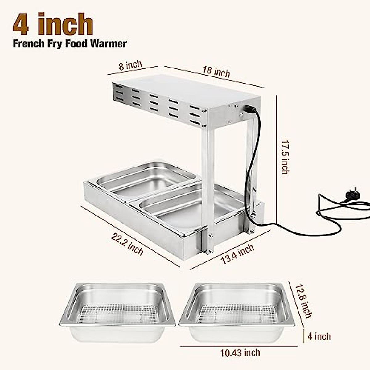Restlrious French Fry Warmer Commercial Heat Lamp Food Warmer, Free Standing Electric Infrared Heating Dump Station, 500W Stainless Steel Food Warming Light w/2 Half Size Food Pan for Fries 4” Deep