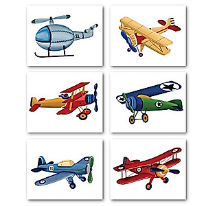 YIMEHDAN Watercolor Airplane Wall Art Print-- Playroom or Nursery Boy Bedroom Decor--Colorful Cartoon Aircraft Canvas Print ( Set of 6 ) -- Unframed -- 8X10 inch