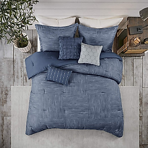 Madison Park Walter Comforter-Luxe Seersucker Print Design All Season Down Alternative Bedding, Matching Shams, Bedskirt, Decorative Pillows, California King (104 in x 92 in), Navy