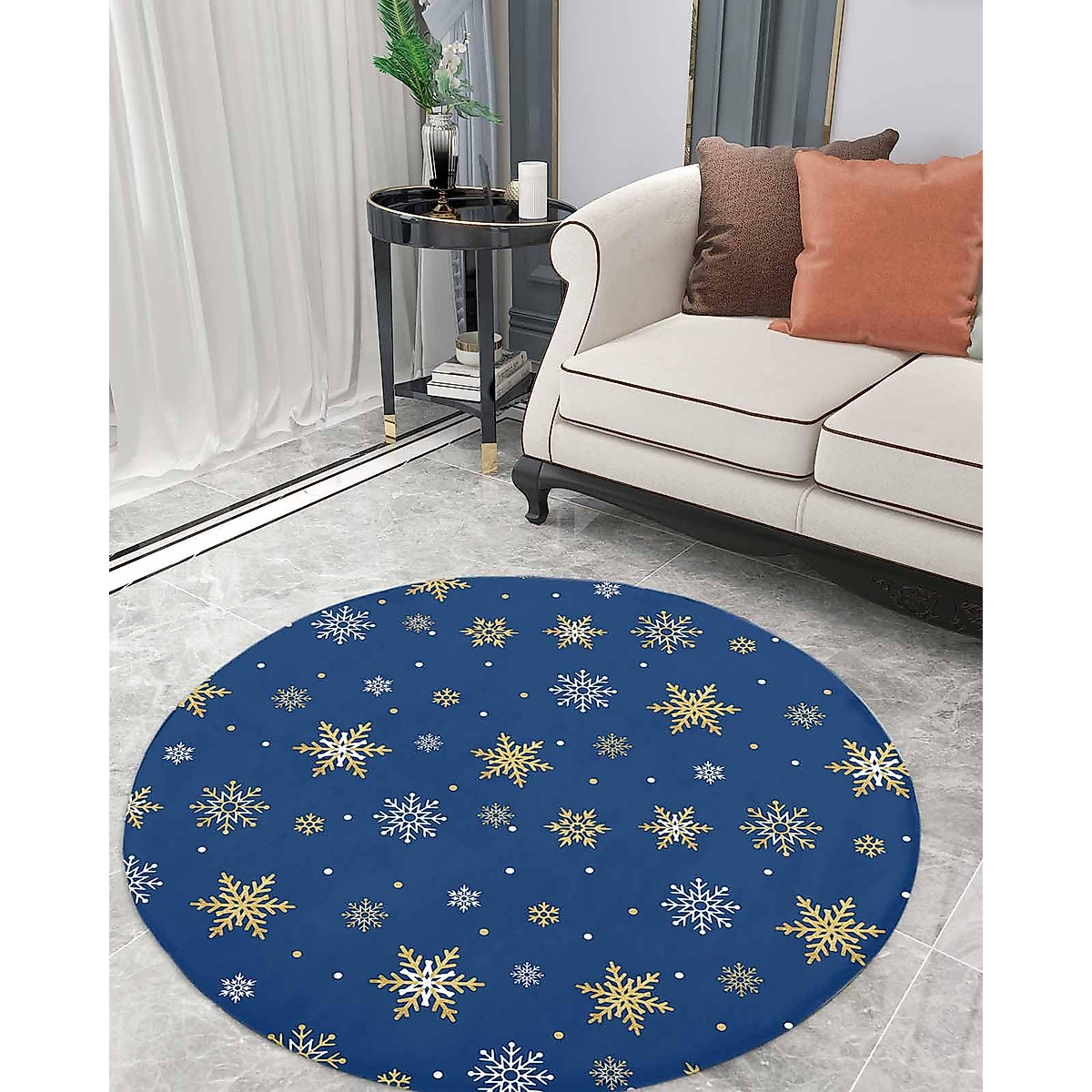 Navy Gold Snowflake Fluffy Round Area Rug Carpets 3.3ft, Plush Shaggy Carpet Soft Circular Rugs, Non-Slip Fuzzy Accent Floor Mat for Living Room Bedroom Nursery Decor Christmas Minimalist White Blue