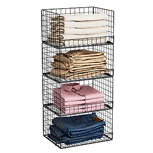 Yociyoga 4-Tier Stackable Closet Organizers and Storage Shelves, Closet Shelf Organizer Basket Bins, Foldable Sweater Storage for Closet Organizer System, Black