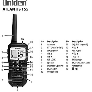 Uniden Atlantis 155 Handheld Two-Way VHF Marine Radio, Floating IPX8 Submersible Waterproof, Dual-Color Screen, All USA/International/Canadian Marine Channels, NOAA Weather Alert, 10 Hour Battery