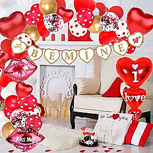Valentines Day Balloon Arch Garland Kit, Red White Love Balloons Red Confetti Balloons Red Rose Petals Heart Garland I Love U Balloon Be Mine Banner for Valentine Day Engagement Wedding Decorations