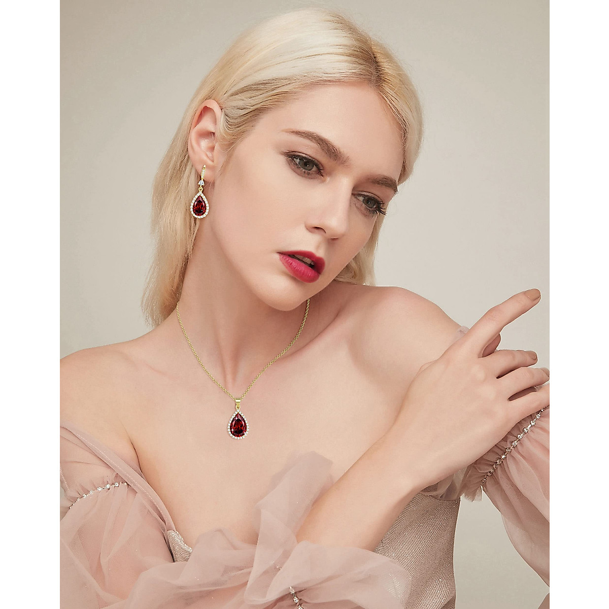 Women Jewelry Set Silver/Gold Plated Teardrop Pendant Necklace Dangle Drop Earrings Dangling Sets Birthstone Crystals Rhinestone,Birthday Anniversary Wedding Mother’s Day Gifts for Women Yellow Gold Plated Garnet