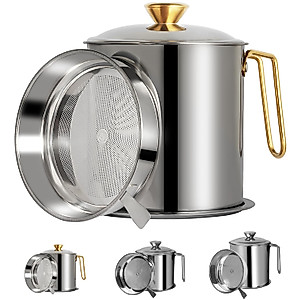 Tellshun Bacon Grease Container with Fine Mesh Strainer 1.8 L / 60 oz Stainless Steel Cooking Oil Keeper with Lid and Tray Gold Handle Suitable for Storing Hot Frying Oil Fat and Cooking Grease