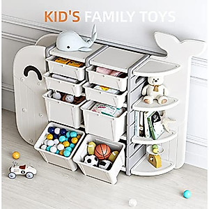 CHORBEYCH Kids 3 Layer Toy Storage Organizer with Display Bookshelves and 6 Pull-Out Storage Bins,Multipurpose Toy for Kids Bedrooms Playrooms for Age 1-12, Cute Whale(White Grey (3 * 3)