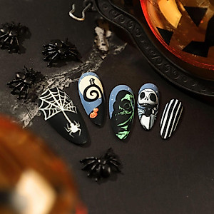 Halloween Press on Nails Medium Almond SWEKKE Fake Nails Full Cover Nightmare Nails Christmas Nails Spider Web False Nails Matte Glue on Nails Artificial Acrylic Nails for Women Girls 24 Pcs