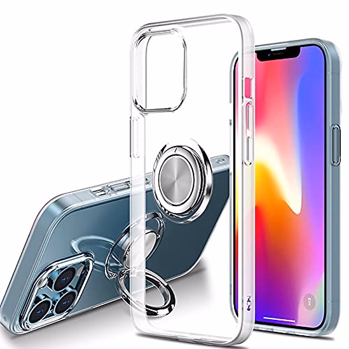 aowner Compatible with iPhone 13 Mini Case Crystal Clear Not Yellowing Military Grade Shockproof Ultra Slim Thin Fit with Ring Holder Kickstand Protective Phone Case Cover 5.4 inch 2021 (Clear)