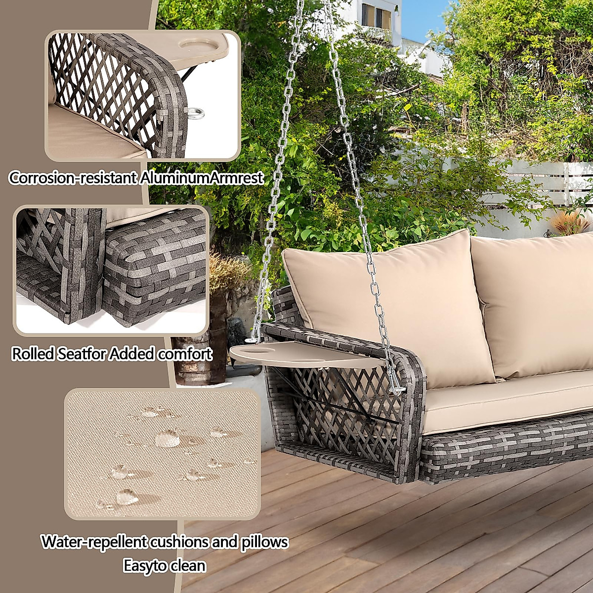 LETATA 3-Person Porch Swing 63in Wicker Hanging Swing Bench with Cushions Cupholders Swing Chair with Adjustable Chains Heavy Duty 660lbs for Deck Garden Backyard