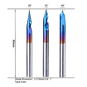 3pcs 20/30/60 Deg 0.1mm 2-Flute Spiral Engraving V-Bit Set for Wood Carving Milling, 1/8” Shank CNC Router Bits, Nano Blue Coating Carving Bit for Wood MDF Lettering Sign Making