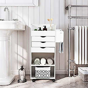 Tangkula Rolling Storage Drawer Cart, Home Office Mobile Drawer Cart, Wooden Utility Cart Storage Cabinet w/ 3 Drawers & 3 Open Storage Shelves, Paper Organizer w/Lockable Casters