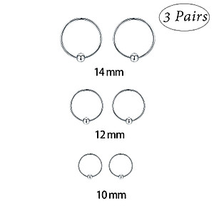 Sterling Silver Small Hoop Earrings Hypoallergenic Mini Tiny Ear Piercing Endless 20G Ball Bead Cut Nose Lip Rings Sleeper For Women (Silver-10/12/14mm)