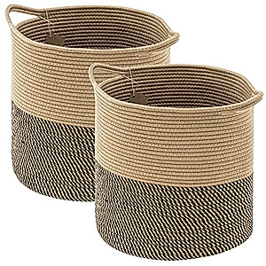 YOUDENOVA Cotton Rope Cube Storage Baskets, 13x13 Round Woven Baskets for Storage with Handles 2 Pack, Modern Decorative Storage Bins Décor Baskets for 13 inch Cube Storage Shelves, Black & Jute