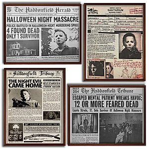 4Pcs Vintage Horror Movie Newspaper Poster, Classic Horror Movie Decor, Scary Film Character Posters for Bedroom,Men Cave, 11×14 Inch Cardstock, Unframed