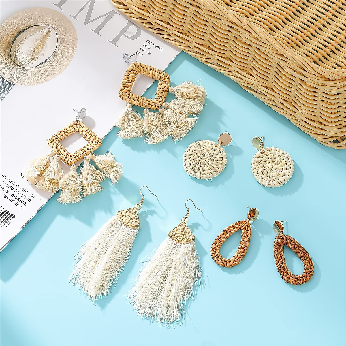 9 Pairs Rattan Earrings Tassel Woven Bohemian Earrings Straw Earrings Lightweight Acrylic Pearl Hoop Earrings Handmade Wicker Braid Drop Dangle Statement Earrings for Women