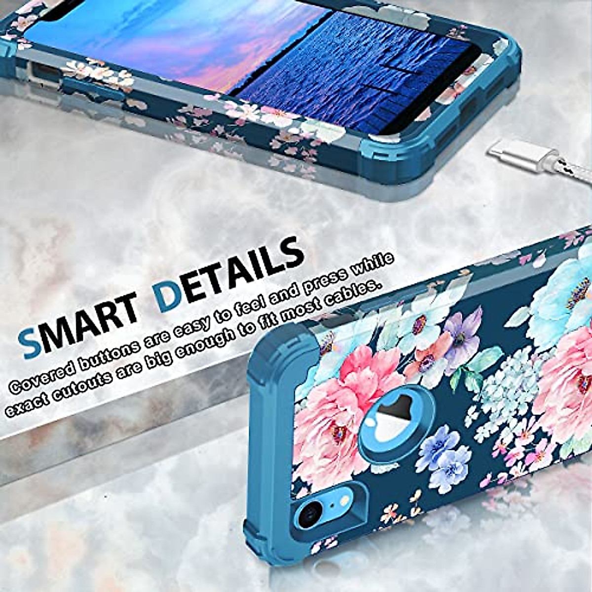 Rancase for iPhone XR Case,Three Layer Heavy Duty Shockproof Protection Hard Plastic Bumper +Soft Silicone Rubber Protective Case for Apple iPhone XR 6.1 inch,Flower