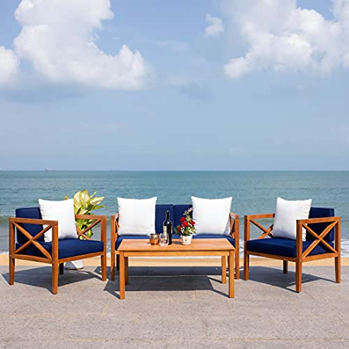 Safavieh PAT7031E Collection Nunzio Teak 4 Pc Accent Outdoor Set, Natural/Navy + Solid Pillow