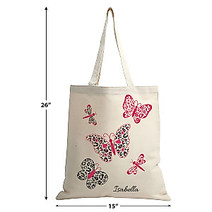 Lillian Vernon Personalized Canvas Tote - Fun Leopard Print Butterfly Design, 100% Cotton Fabric, Custom Printed, 15 inch x 16 inch, Cute Bags for Kids