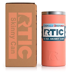 RTIC Skinny Can Cooler, Fits all 12oz Slim Cans, Coral, Insulated Stainless Steel, Sweat-Proof, Keeps Cold Longer