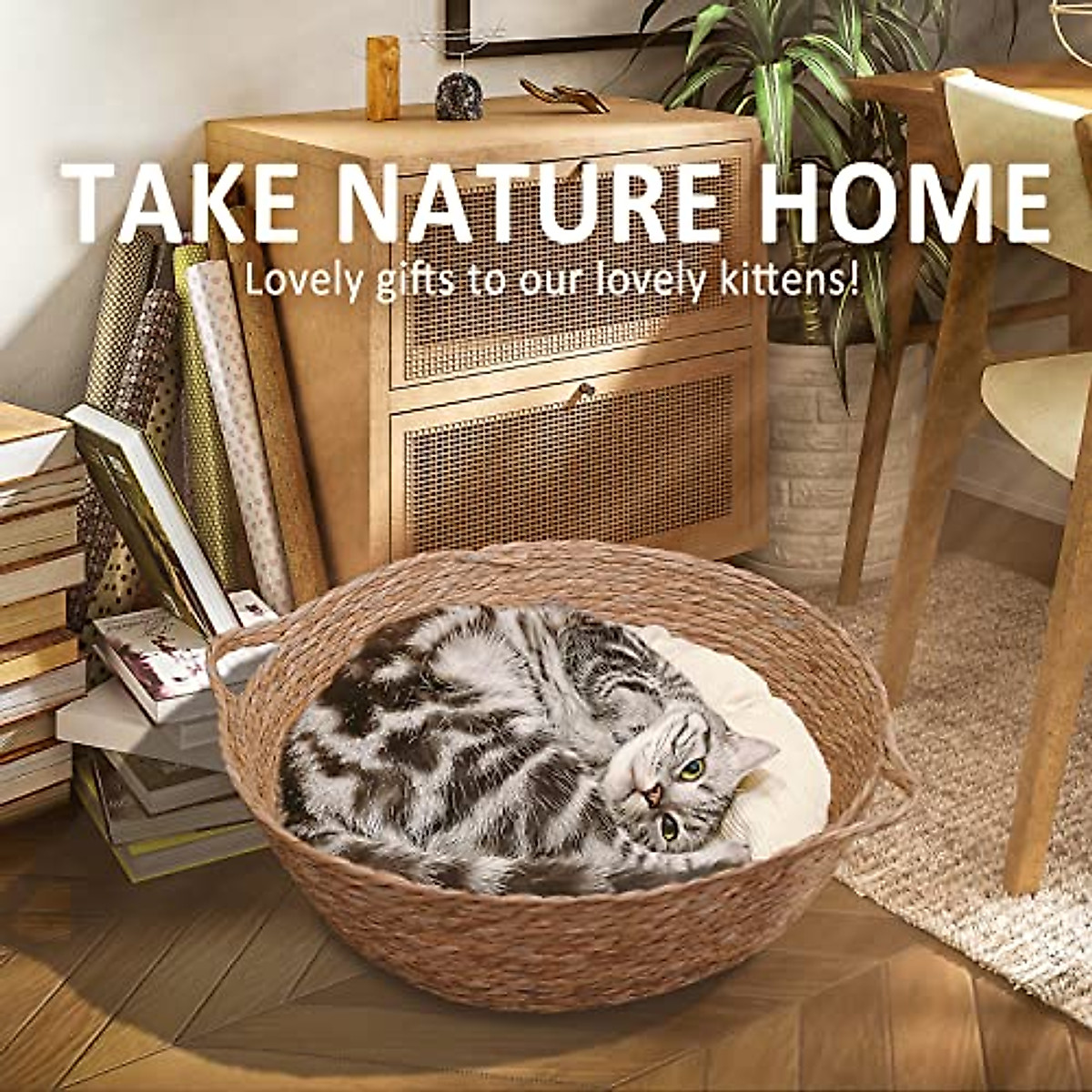 MewMewLand Natural Cat Wicker Bed Basket, Handmade Braided Cattail Leaf Kitten Bed with Soft Cushion Medium Oval