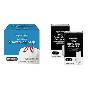 Amazon Basics 13 gallon Kitchen Drawstring Trash bags 12 ct, 360 Heavy Duty Duster Kit 7 Dusters + 1 Handle (Pack of 2)