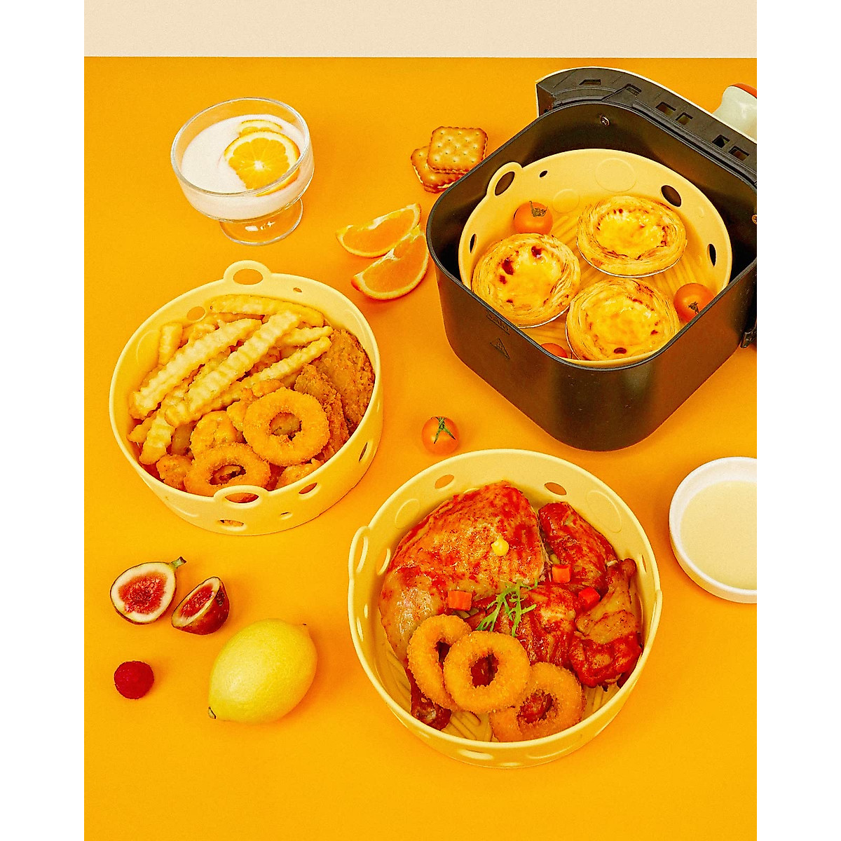 Miniqua Air Fryer Silicone Liners, Reusable Silicone Air Fryer Basket Bowl for 3-5 QT, Food-Grade Silicone Round Air Fryer Liners, Non-stick Silicone Pot Accessories, Yellow(6.8in)