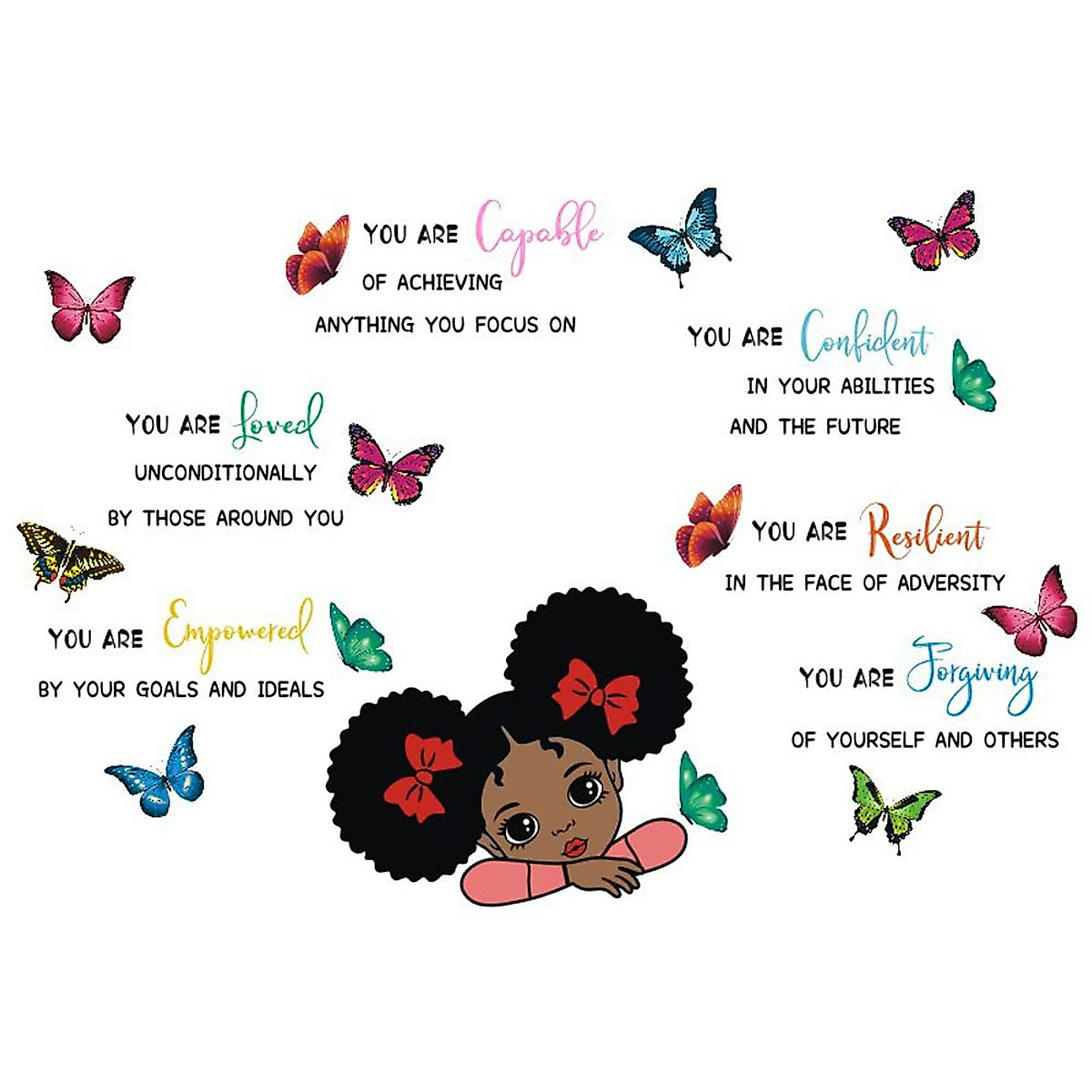 Black Girl Magic You Are Capable Confident Butterfly Inspirational Quotes Wall Decals, Pink Room Deor Motivational Saying African American Wall Sticker for Nursery Living Room Woman Bedroom Wall Decor