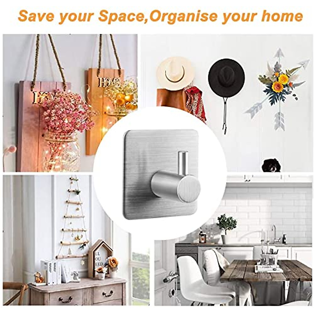 KK5 3M Adhesive Wall Hooks - 2 Pack SUS304 Stainless Steel Hangers| Brushed Heavy Duty Wall Hooks| for Towels Keys Robes Hooks On Door Wardrobe Closet Bathroom Kitchen