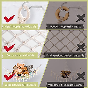 UNKENBO Stuffed Animal Storage Hammock - Macrame Toy Hammock with Photo Clips, Star String Lights, Space Saving Hanging Corner Stuffed Animal Net or Hammock, Boho Kids Bedroom Decor (Cream)