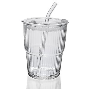 QWEZXO 13OZ/400ML Ice Coffee Glass Tumbler, Thick Wall Water Glass Cup Mug Tea with Straw and Lid Sealed Carry On （Clear） 3Pack
