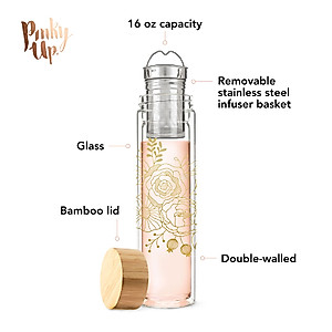 Pinky Up Blair Travel Tea Infuser Mug, Double Walled Insulated Travel Tumbler with Loose Leaf Tea Strainer, Travel Coffee Mug, Keeps Drinks Hot or Cold, 16 oz, Bouquet Design