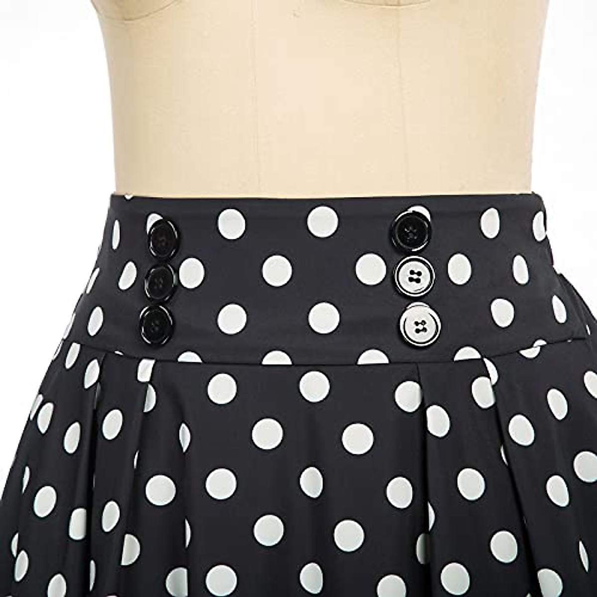 Women's Skater Flare Skirt with Pockets Solid High Waist Vinatge Skirt (Black Polka Dots,L)