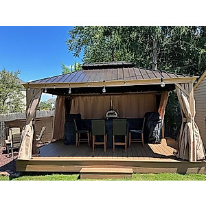 Domi 12'x14' Hardtop Gazebo with Gutters, Outdoor Aluminum Frame Canopy with Galvanized Steel Double Roof, Outdoor Permanent Metal Pavilion with Curtains and Netting for Patio, Backyard and Lawn