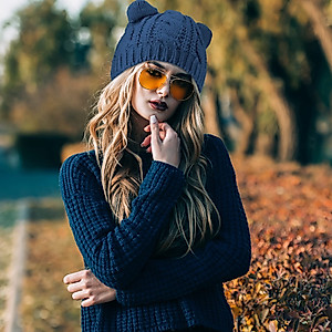 Cute Cat Ear Beanie Hat Cat Knitted Hat Winter Knit Cable Hat for Women Girls (Blue)