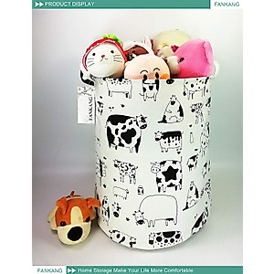 FANKANG Storage Basket, Nursery Hamper Canvas Laundry Basket Foldable with Waterproof PE Coating Large Storage Baskets for Kids Boys and Girls, Office, Bedroom, Clothes,Toys（Cows）