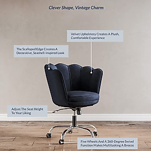 BELLEZE Upholstered Velvet Seashell Accent Chair, Rolling Swivel Office Vanity Unique Cute Decorative, Armless Stylish Comfy, Adjustable Height - Kaylee (Black)