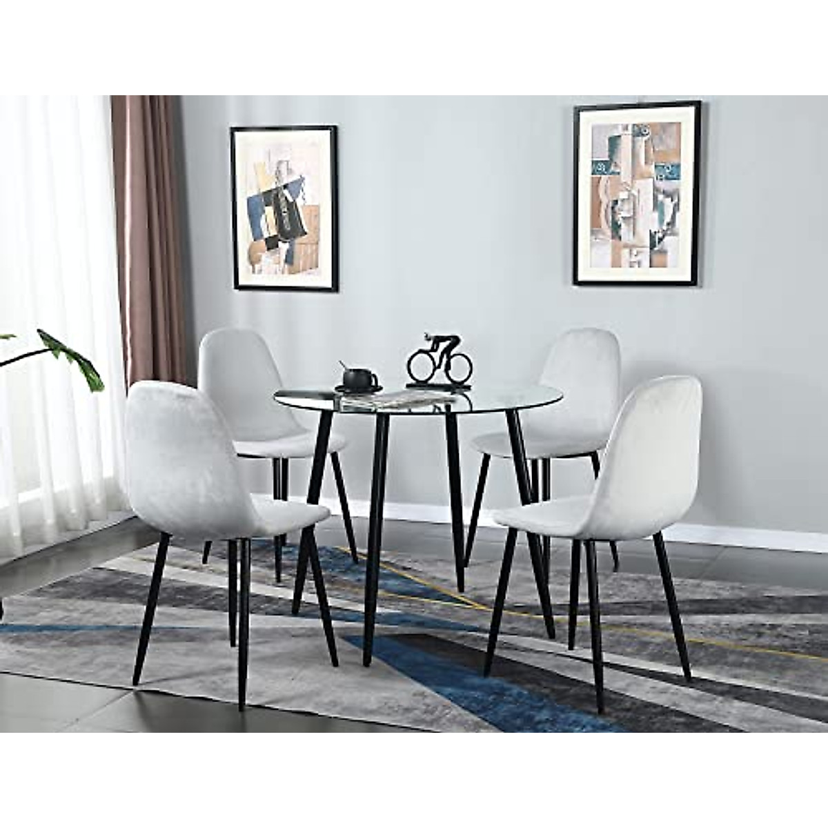 5 Pieces Dining Room Table Set for 4 - Round Glass Table - Velvet Dining Chairs - Modern Kitchen & Dining Room Sets for Dining Room, Kitchen,Dinette or Compact Space (Black Table + Light Grey Chairs)