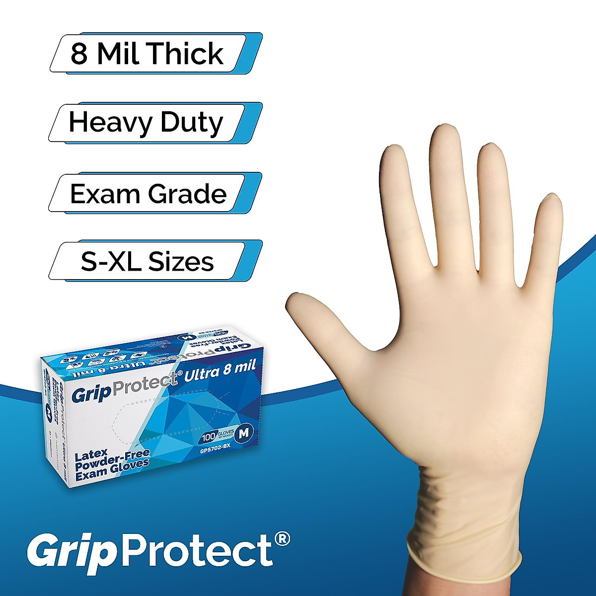 GripProtect Ultra 8 Mil Latex Exam Gloves, Heavy Duty, Medical, Automotive, Industrial, Janitorialt (Small 100)