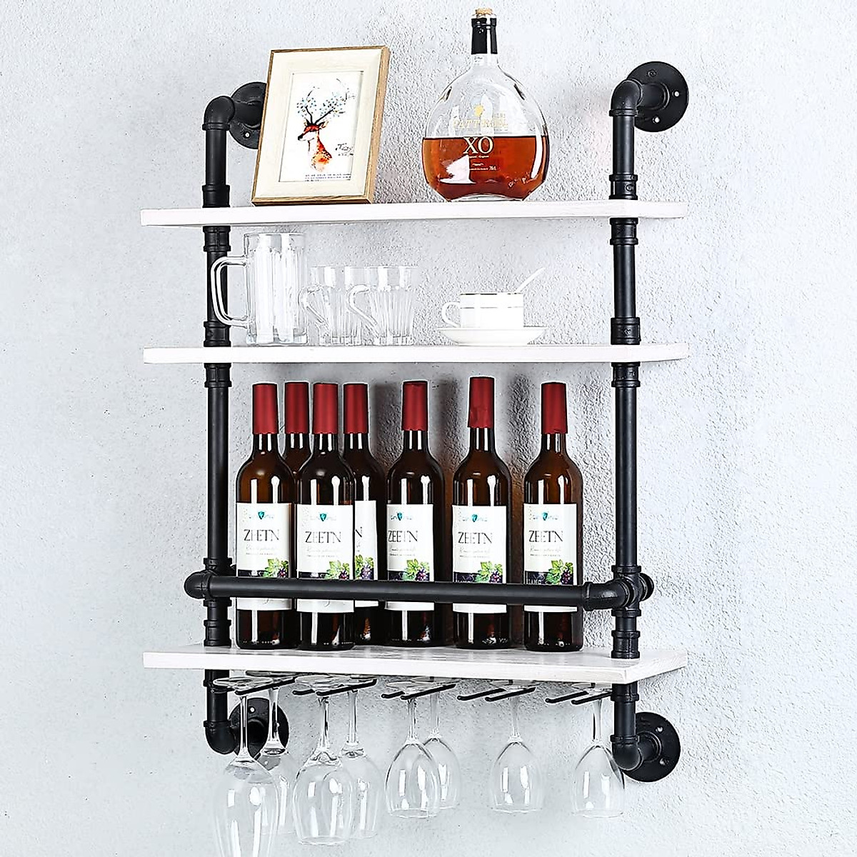 Industrial Pipe Shelf Wine Rack Wall Mounted with 5 Stem Glass Holder,3-Tiers Rustic Floating Bar Shelves Wine Shelf,24in Real Wood Shelves Wall Shelf Unit,Steam Punk Pipe Shelving Wine Glass Rack