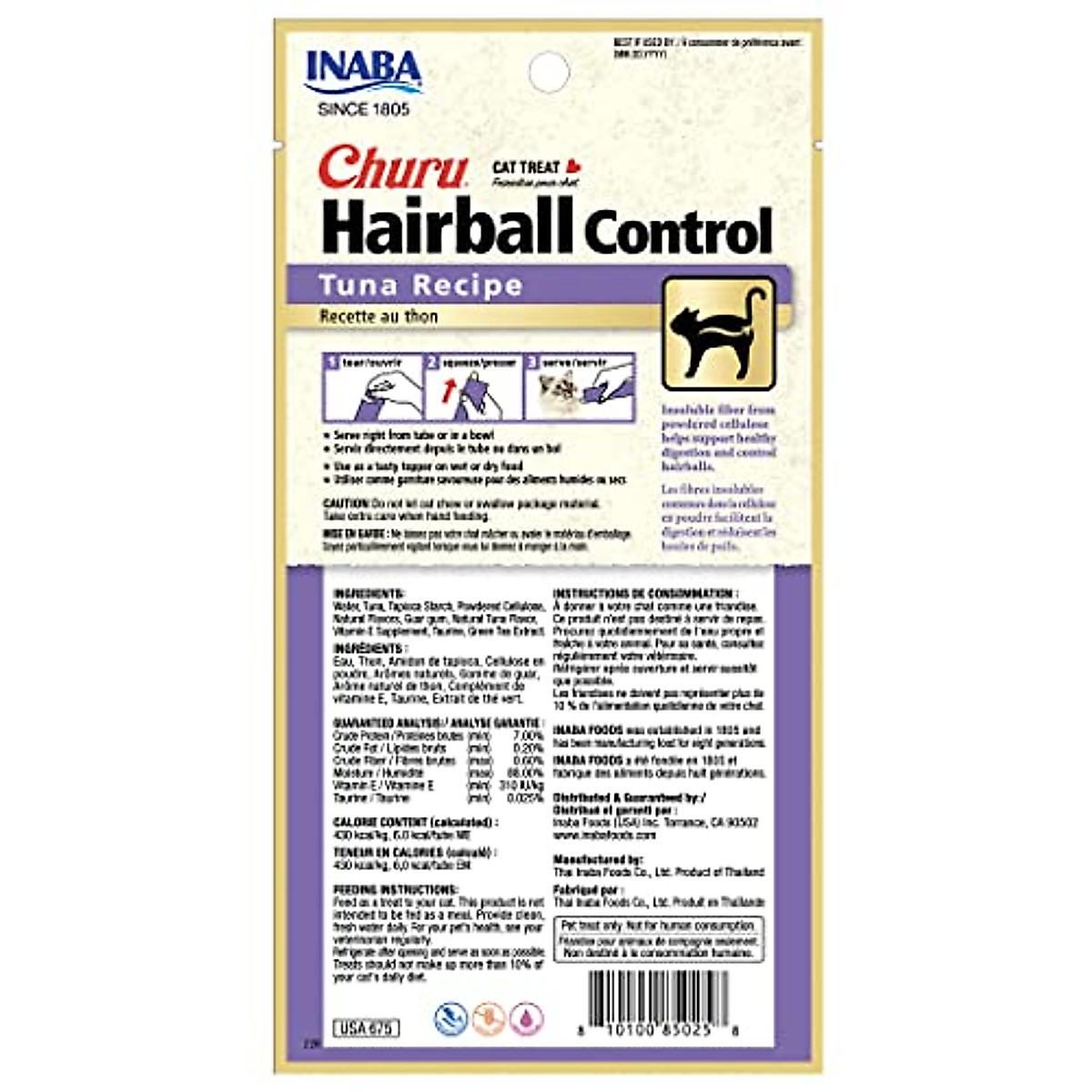 INABA Churu for Cats, Functional, Creamy Lickable Purée Cat Treat for Hairball Control with Taurine & Vitamin E, 0.5 Ounces Each, 24 Tubes (4 per Pack), Tuna Recipe